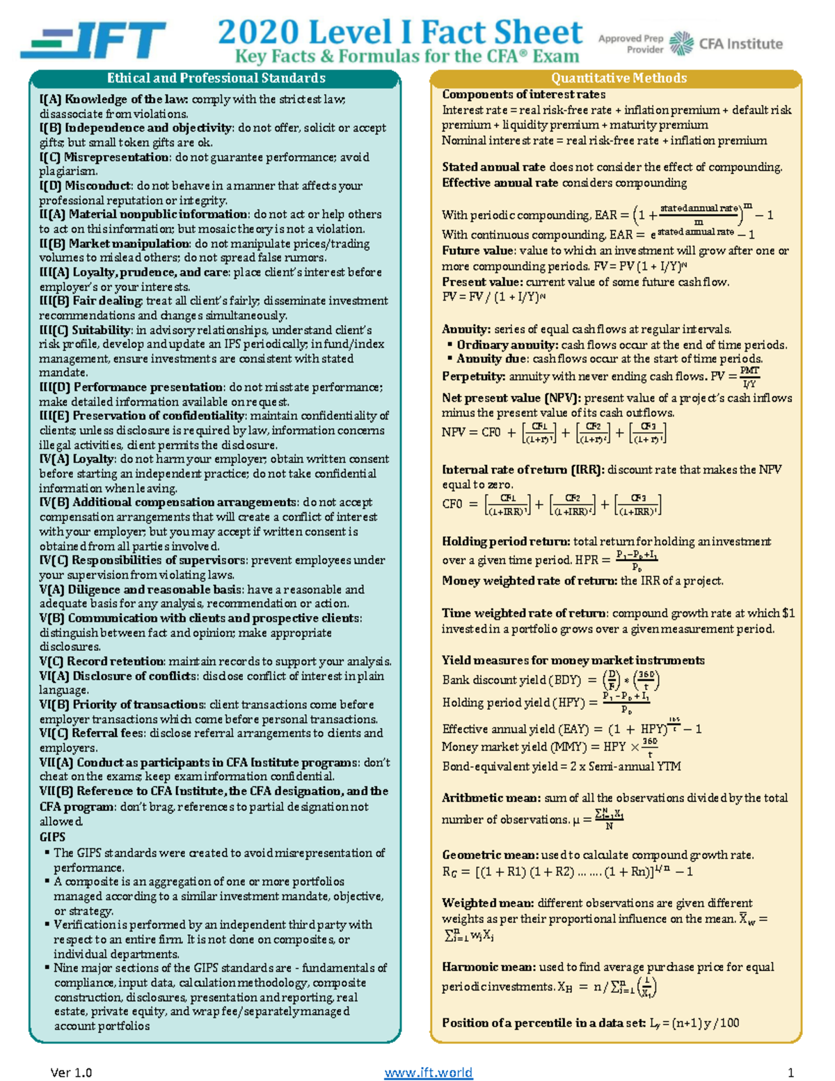 IFT CFA Level I Facts and Formula Sheet 2020-1 - Ethical and ...