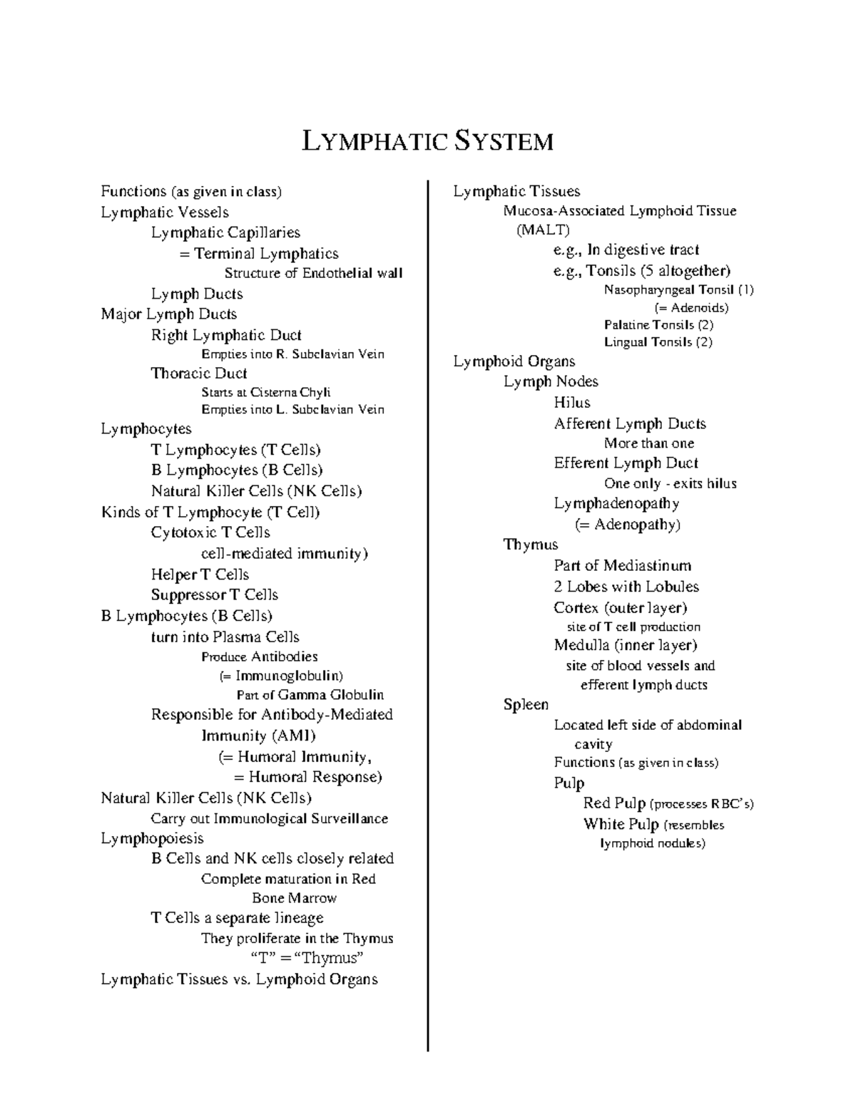 Study Outline Lymphatic System - LYMPHATIC SYSTEM Functions (as given ...