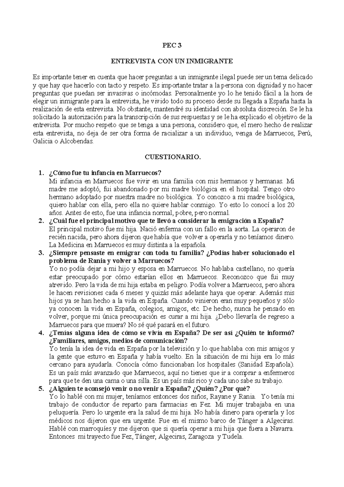 PEC 3 Entrevista Inmigrante - PEC 3 ENTREVISTA CON UN INMIGRANTE Es ...