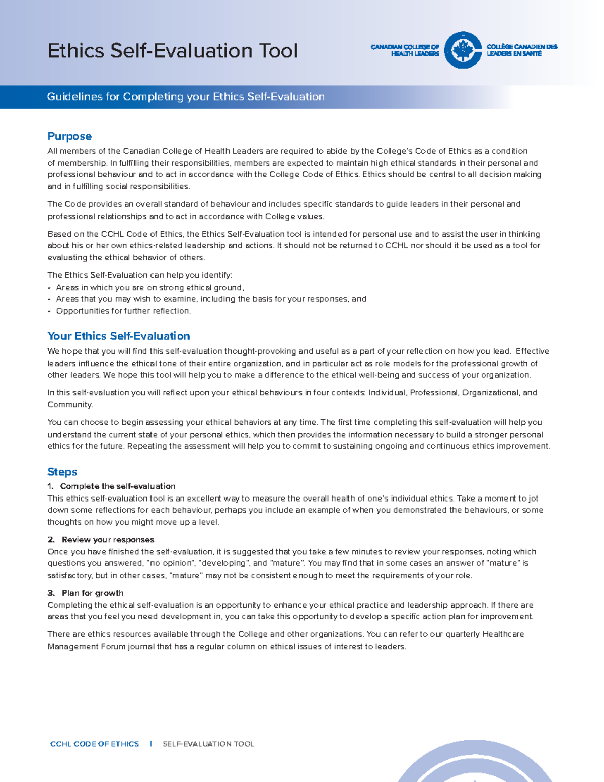 CCHL Code of Ethics Self Evaluation Tool ENG - Guidelines for ...