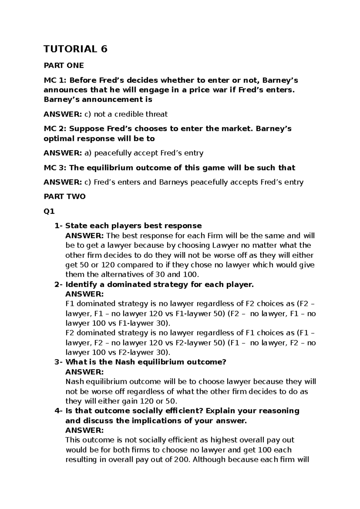 Answers Tut 6 Tutorial 6 Work Covering Game Theory Tutorial 6 Part One Mc 1 Before Freds