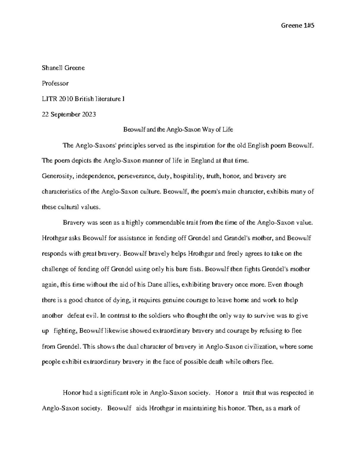 Lit paper 1 - class assignment - Shanell Greene Professor LITR 2010 ...