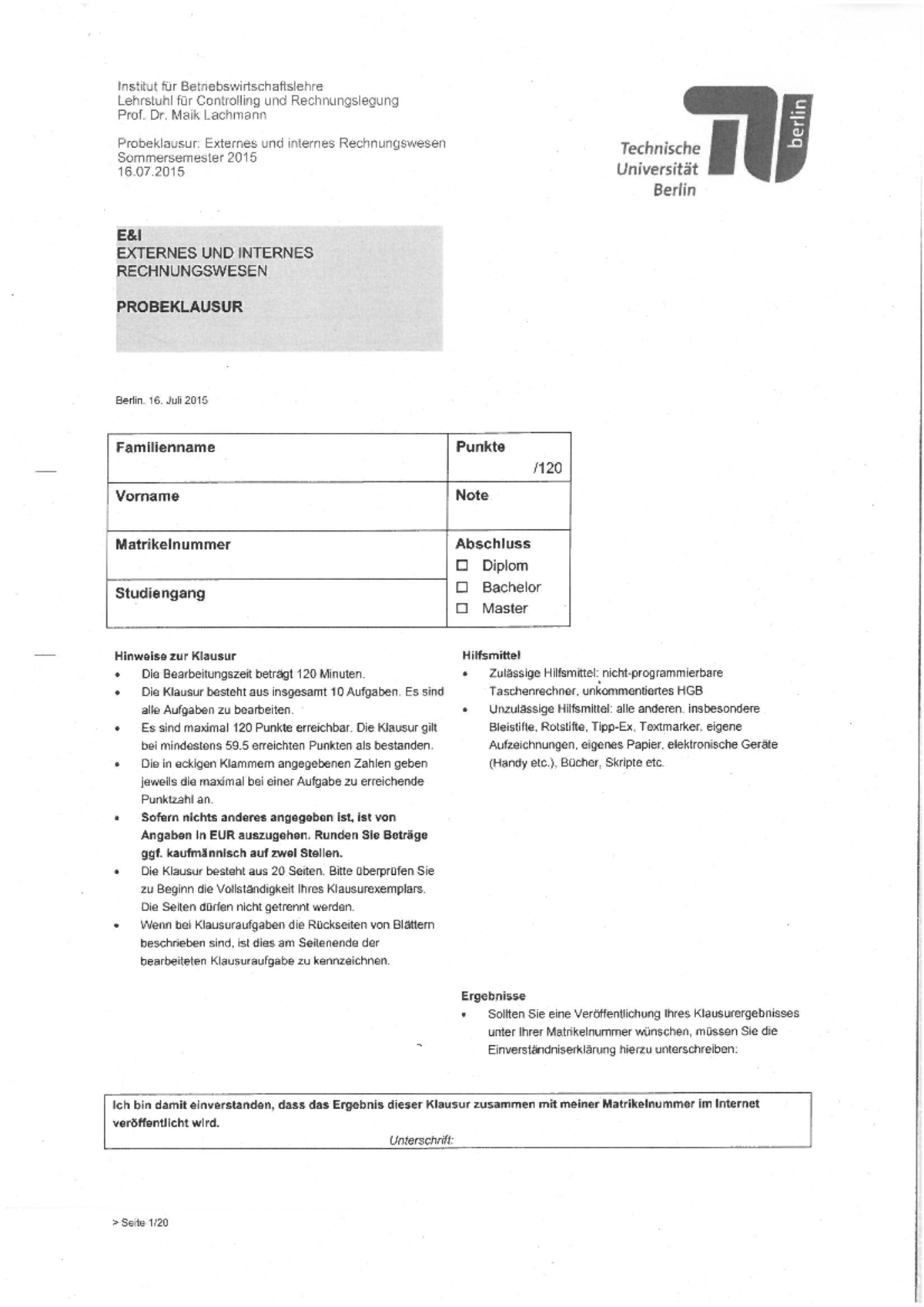 Klausur SS2015 mit Lösungen - Bilanzierung und Kostenrechnung - Studocu