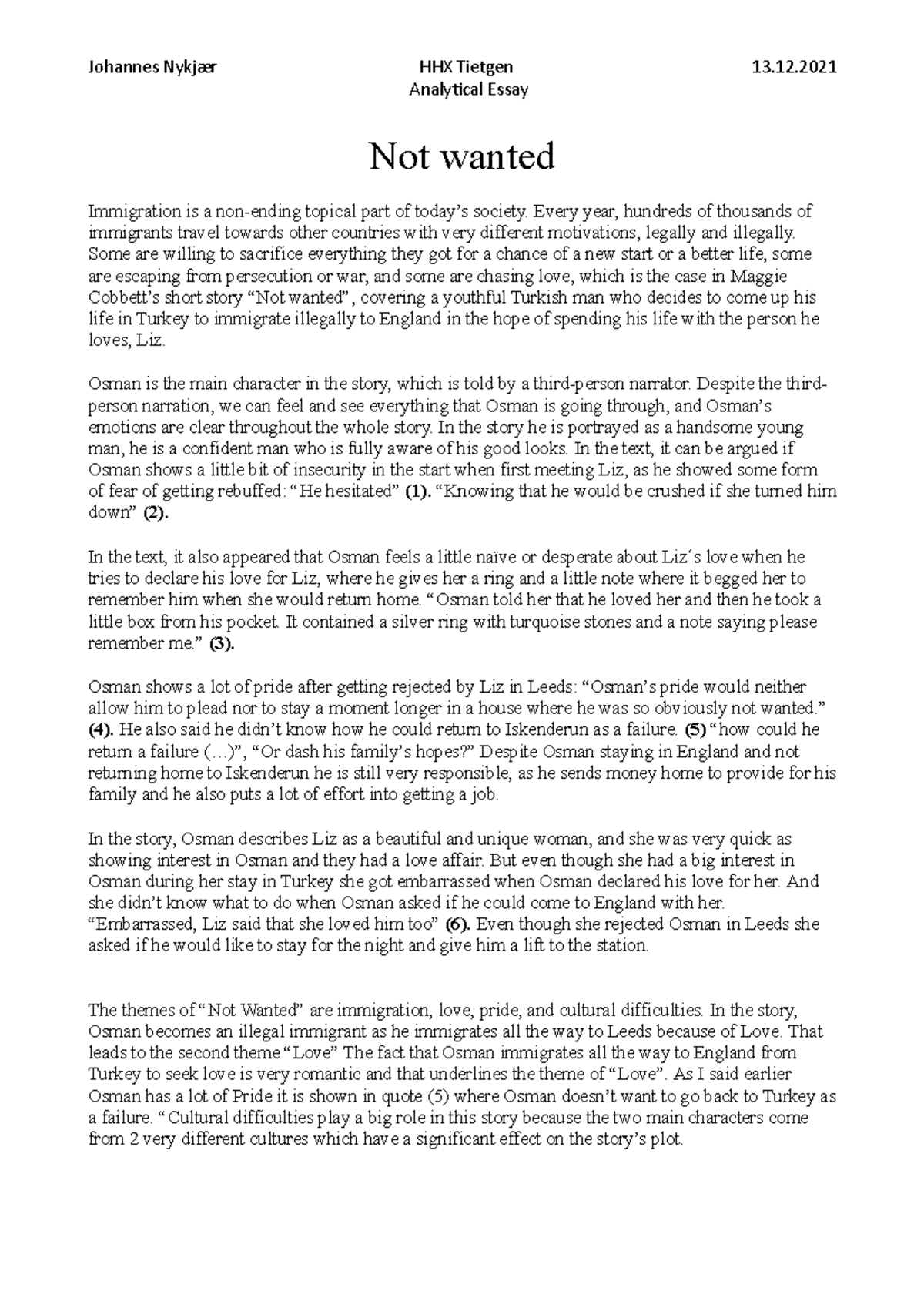 Not wanted - Analytical essay - Johannes Nykjær HHX Tietgen 13 ...