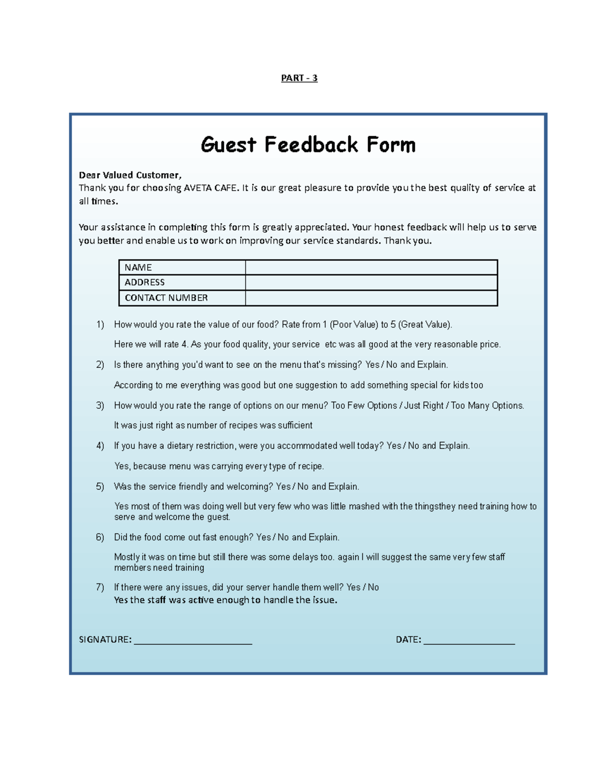 PART3 - explanation of part 3 - PART - 3 Guest Feedback Form Dear ...