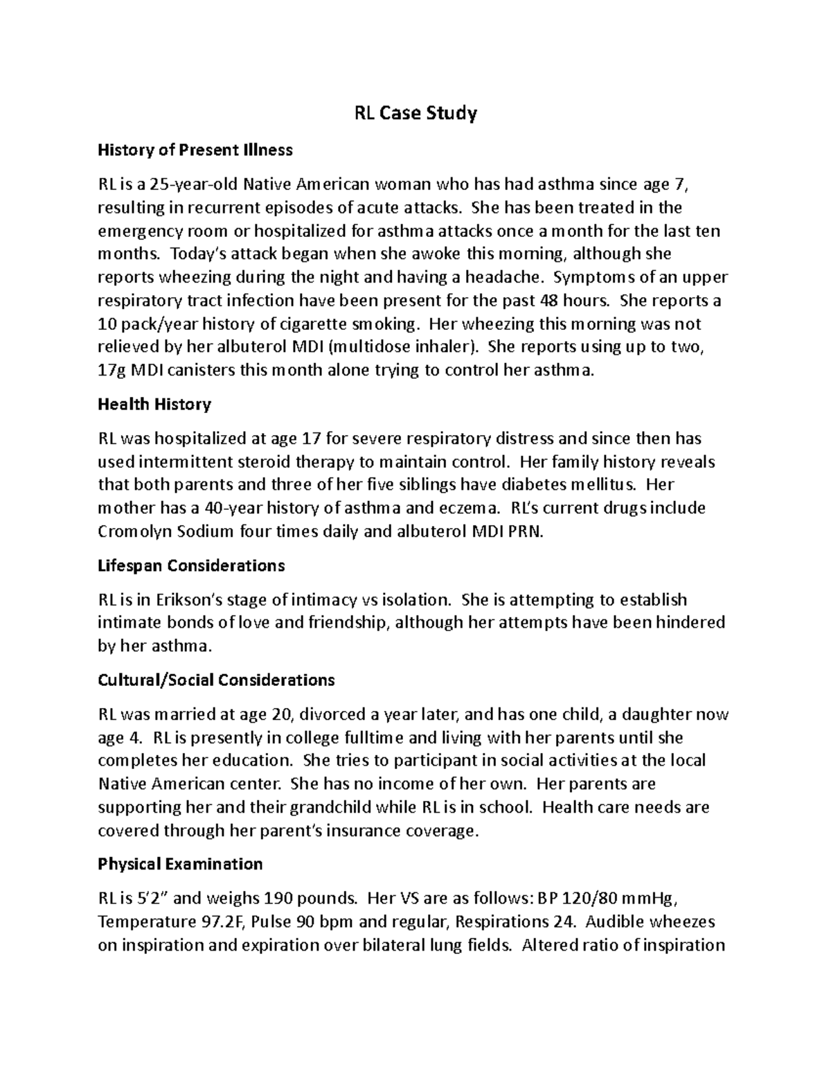 RL+Case+Study - IDK - RL Case Study History of Present Illness RL is a ...