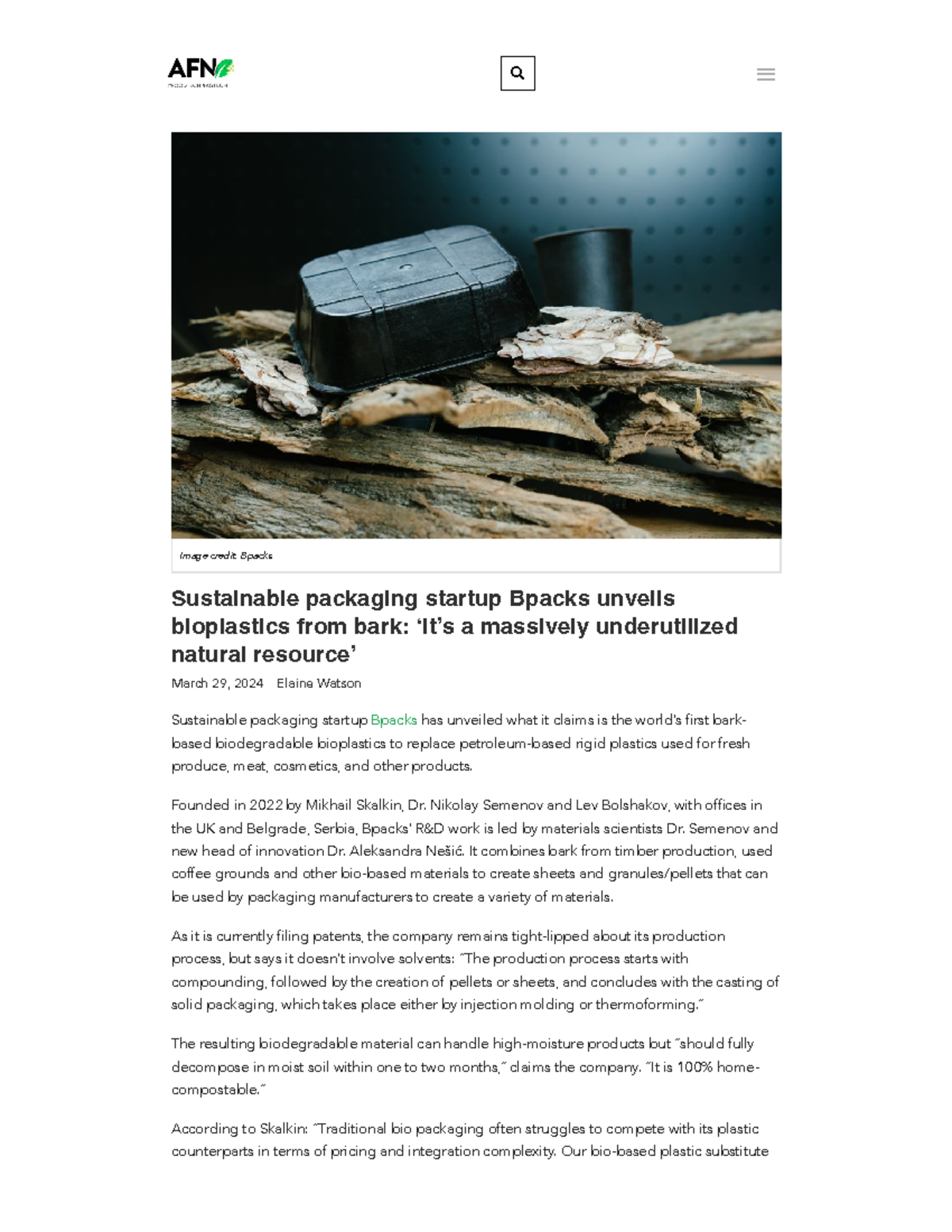 Sustainable packaging startup Bpacks unveils bioplastics from bark - Founded in 2022 by Mikhail ...