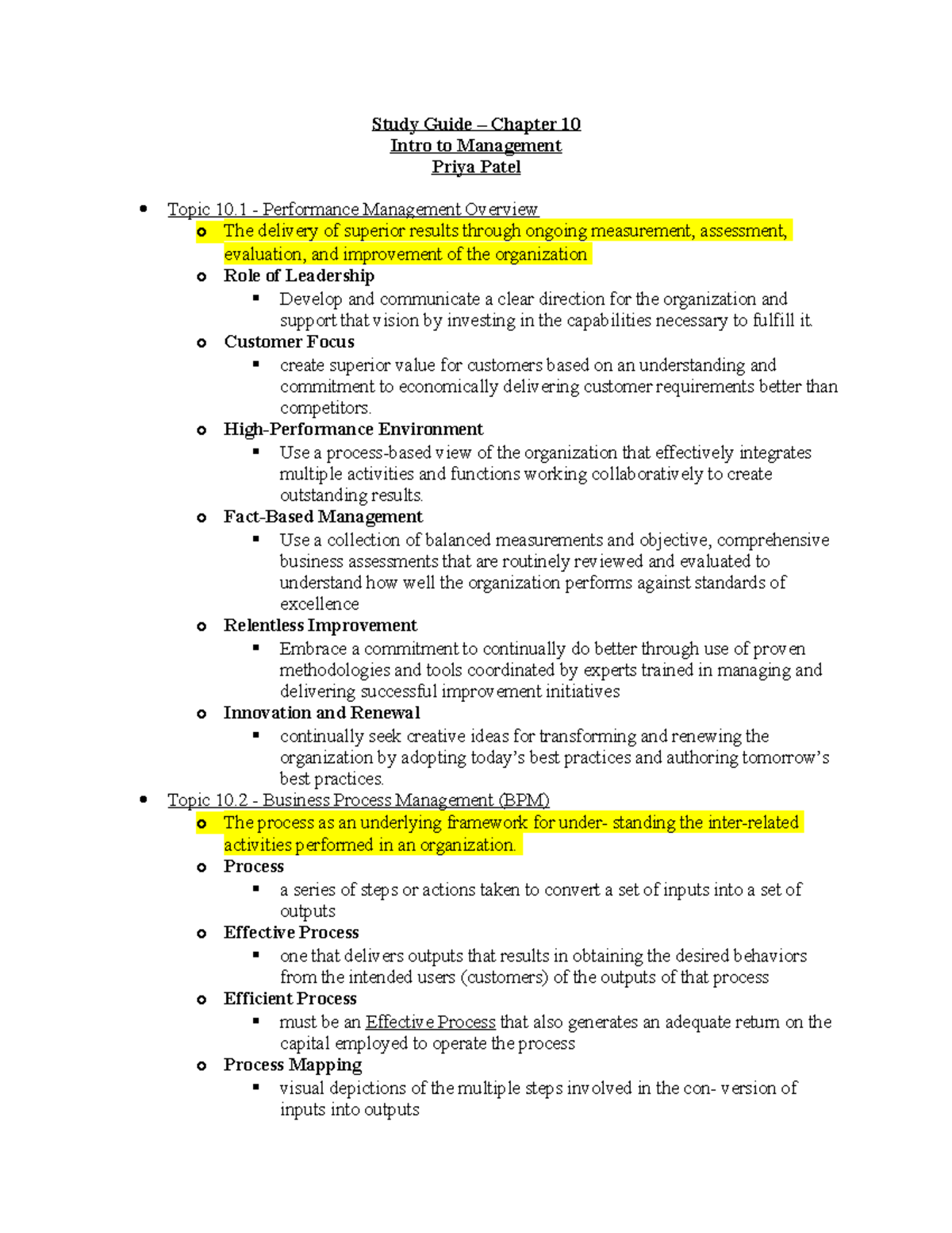 Study Guide - Chapter 10 - Study Guide – Chapter 10 Intro to Management Priya Patel Topic 10 ...