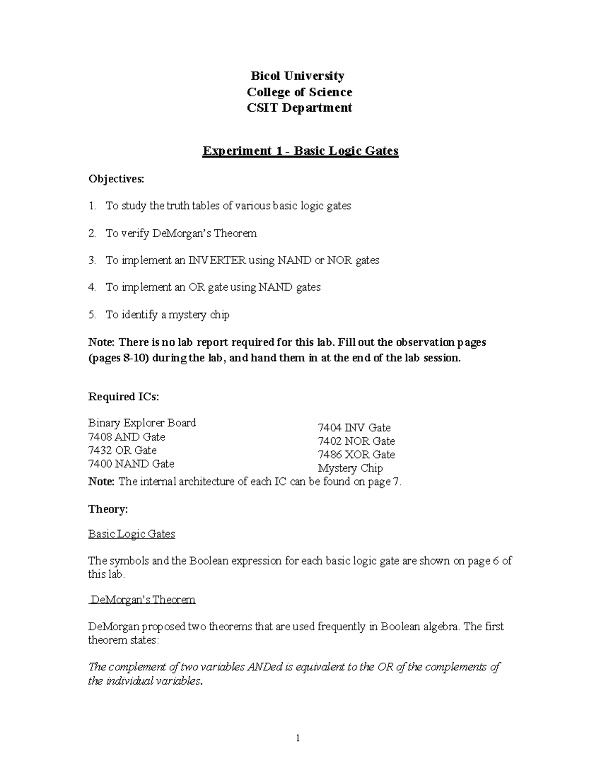 DSD-LAB - Activities - Bicol University College of Science CSIT Department Experiment 1 - Basic ...