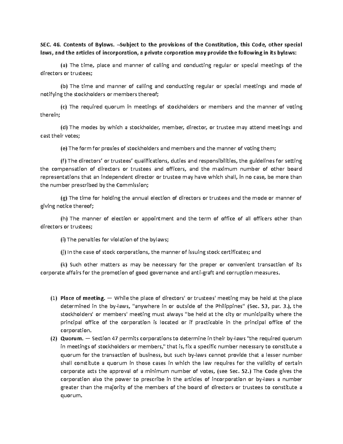 Corpo report - guide - SEC. 46. Contents of Bylaws. –Subject to the ...
