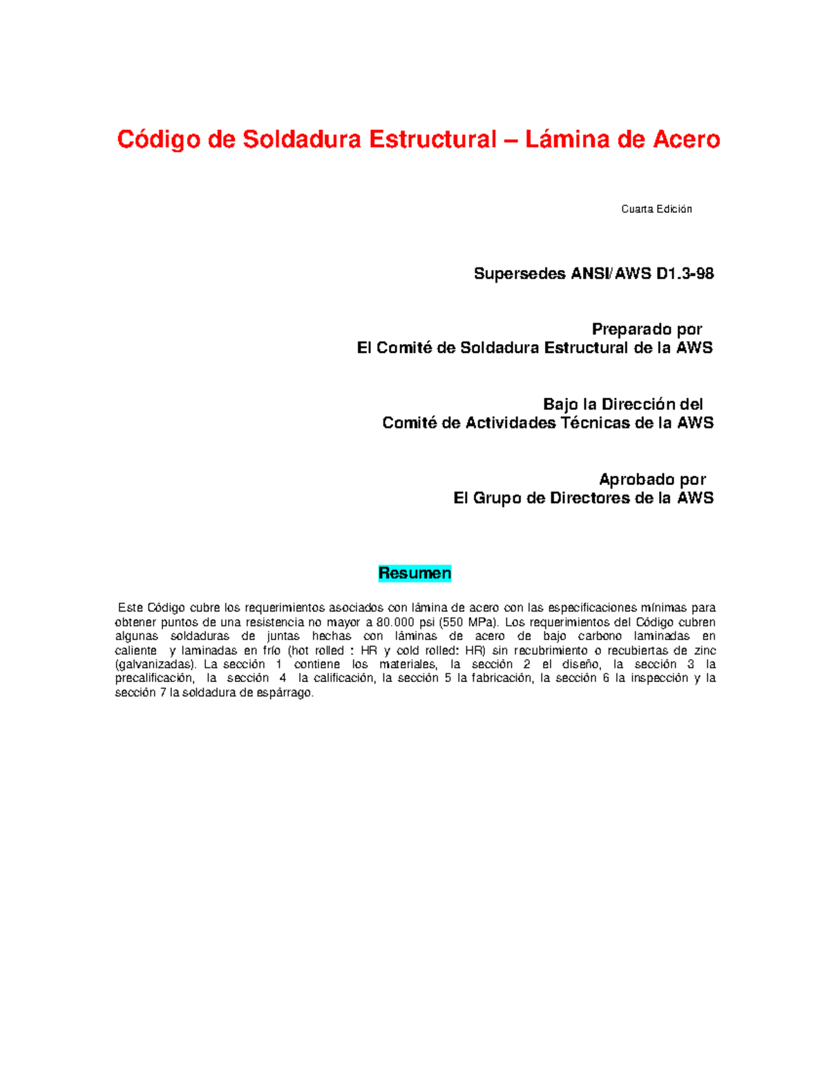 AWS D1-3- Espanol - ñaNDCwuo ueo - Código de Soldadura Estructural – Lámina de Acero Cuarta ...