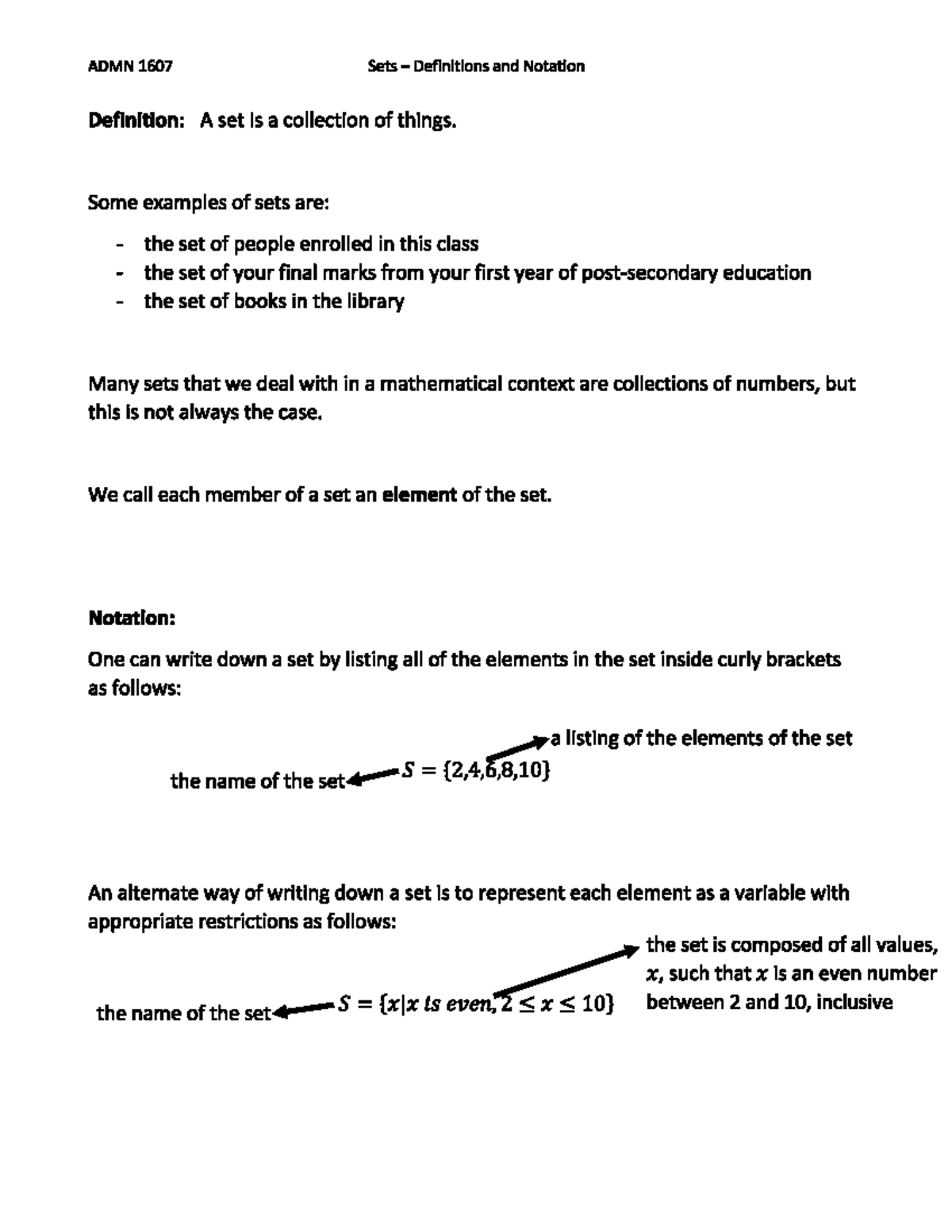 Module 7- Handsout-Sets - definition and notations - ADMN 1607 - Studocu