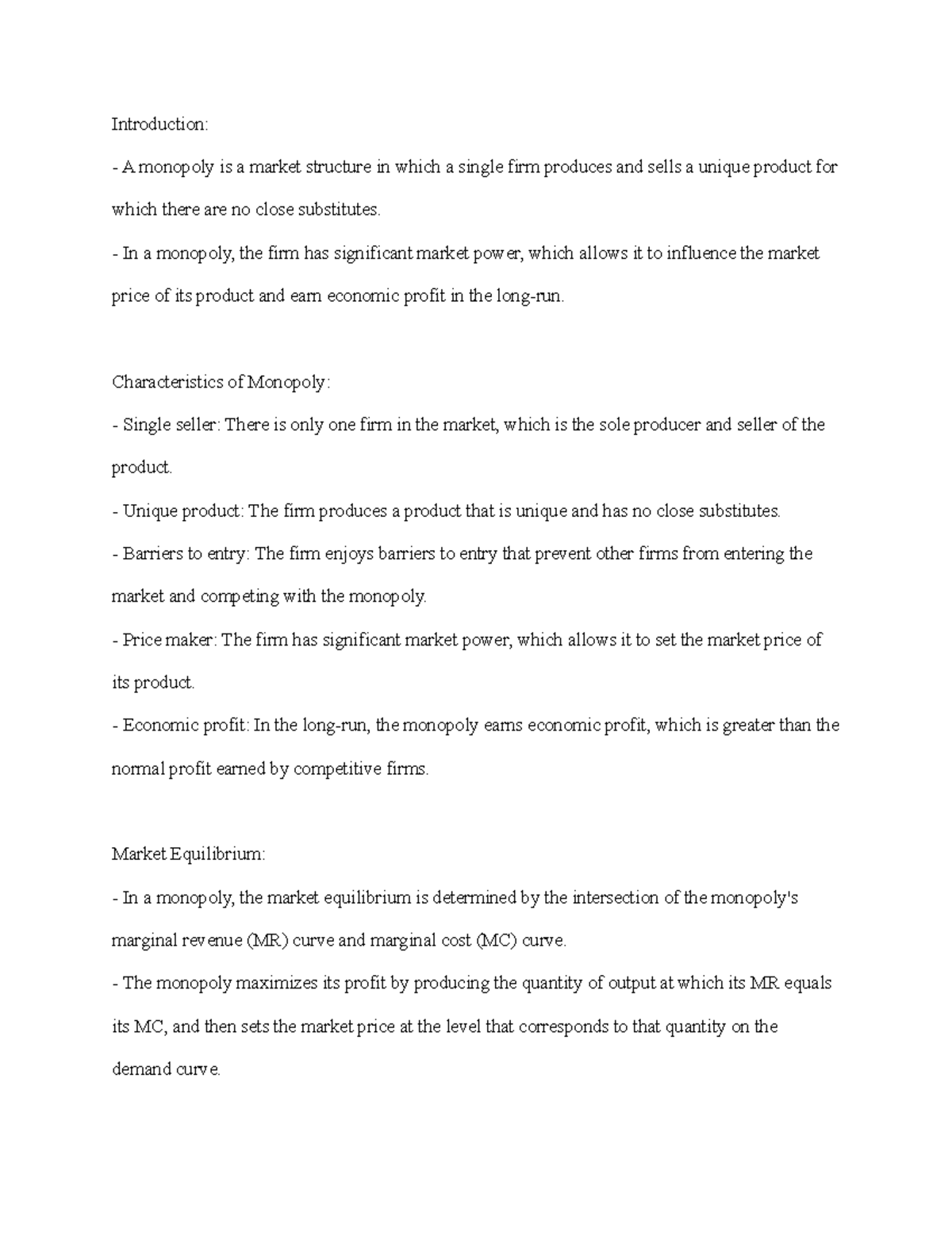 Monopoly in Economics Lecture Notes - Introduction: A monopoly is a ...