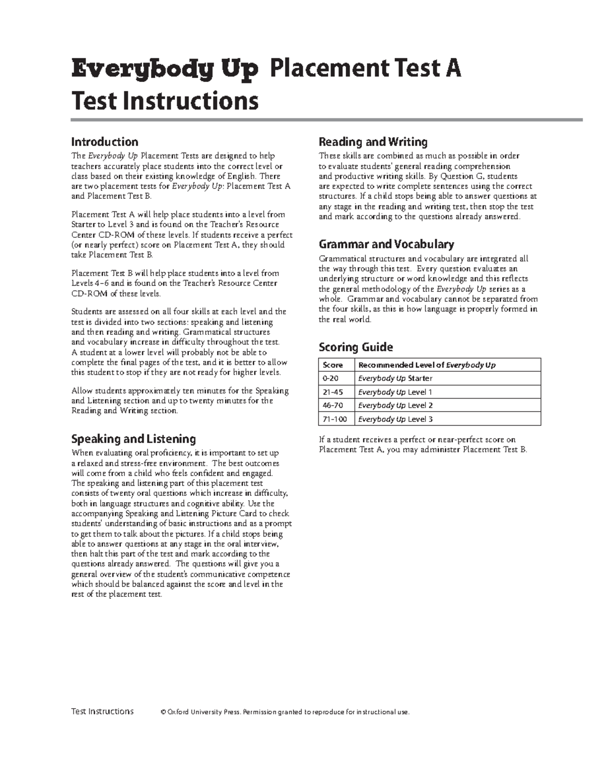 Instructions 2nd 3rd Placement Test A Instructions - Everybody Up ...