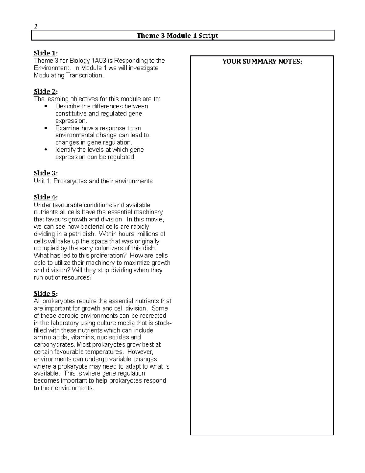 Theme 3module 1script W 2021 Theme 3 Module 1 Script Slide 1 Theme 3 For Biology 1a03 Is