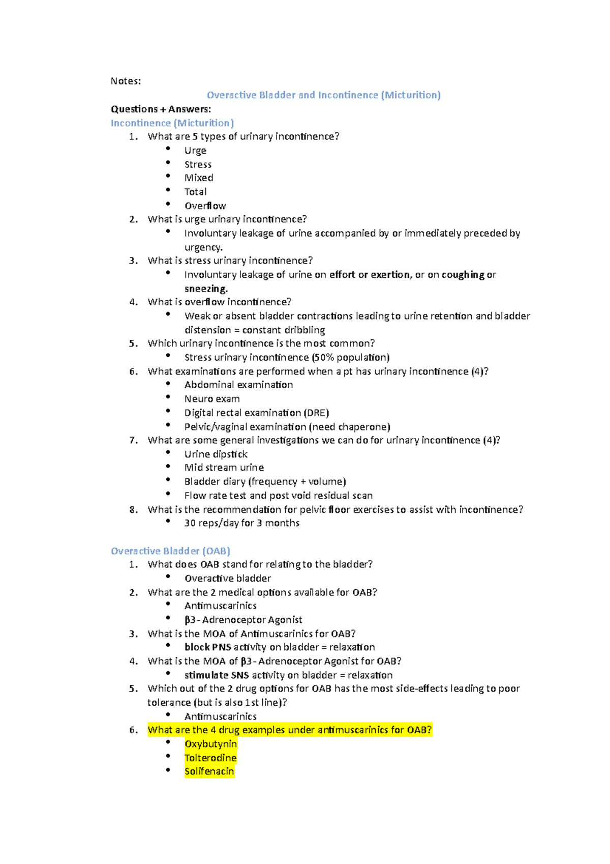 Overactive Bladder and Incontinence (Micturition) - Notes: Overactive ...