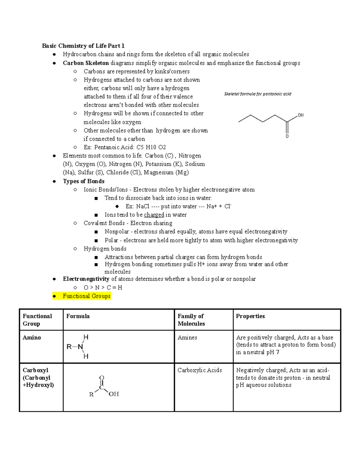 Unit 1 Study Guide - Basic Chemistry of Life Part 1 Hydrocarbon chains ...