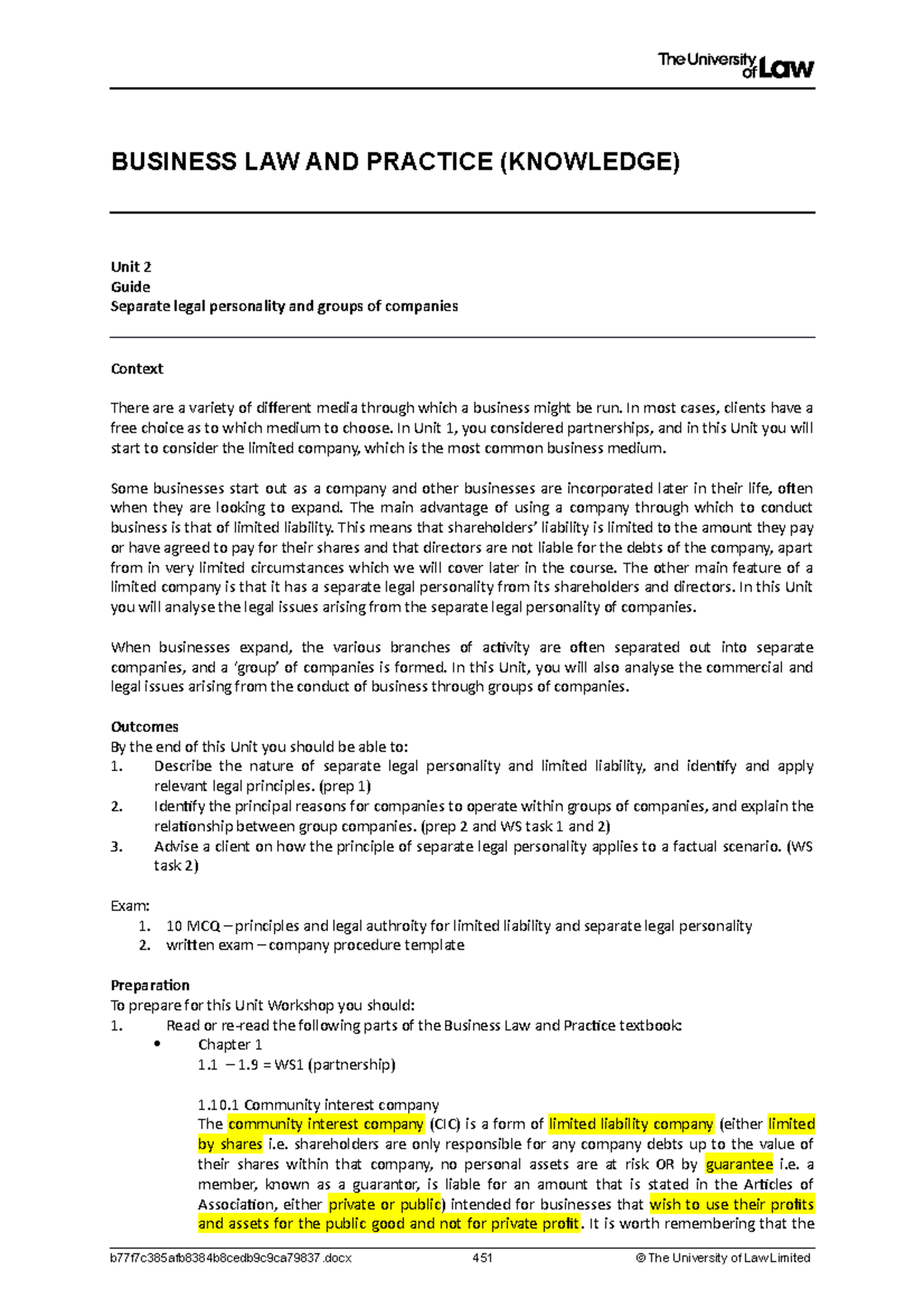 Seperate Legal personaliry - BUSINESS LAW AND PRACTICE (KNOWLEDGE) Unit ...
