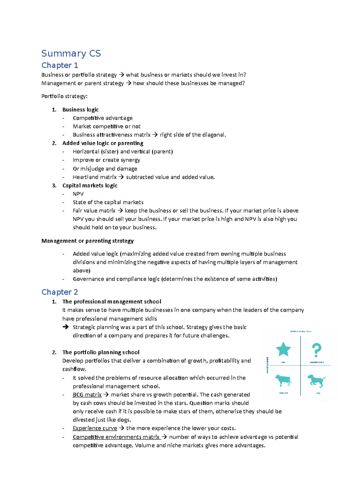Summary CS - Summary CS Chapter 1 Business or portfolio strategy what ...