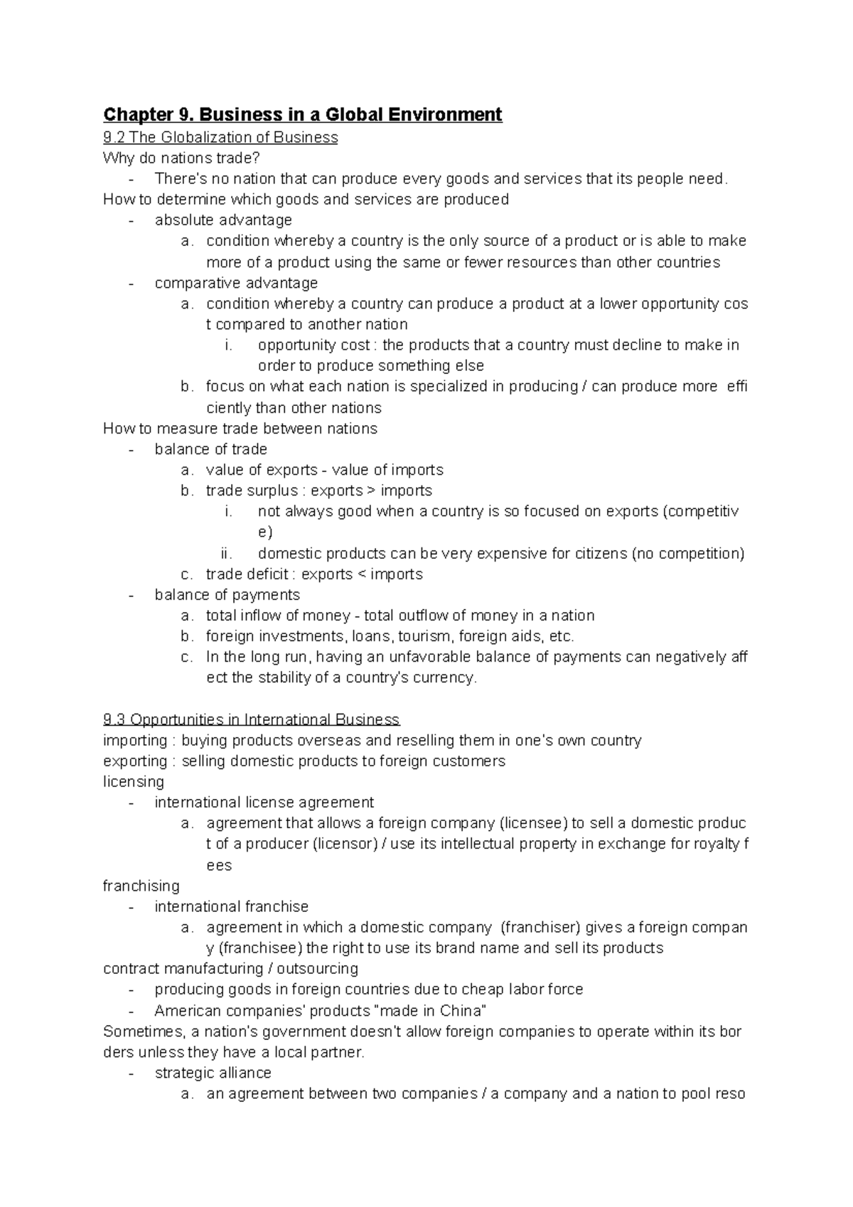 B-chapter 9 notes - Chapter 9. Business in a Global Environment 9 The ...