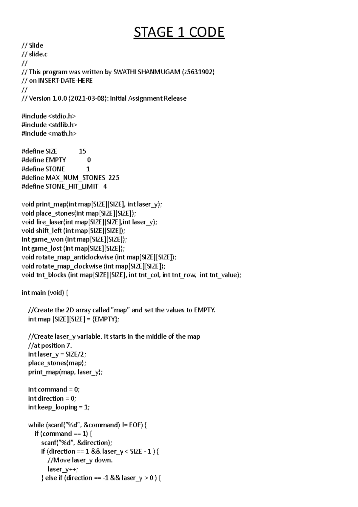 assignment one code for slide game term 1 2021 - STAGE 1 CODE // Slide ...