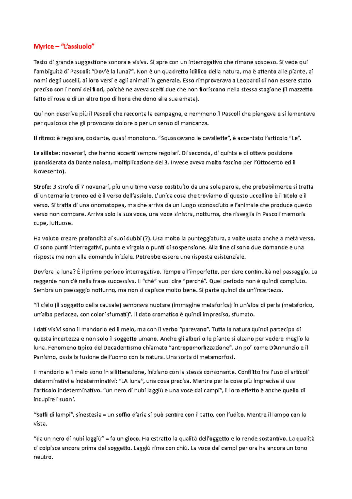 L'Assiuolo - analisi svolta a lezione della poesia l'Assiuolo di ...