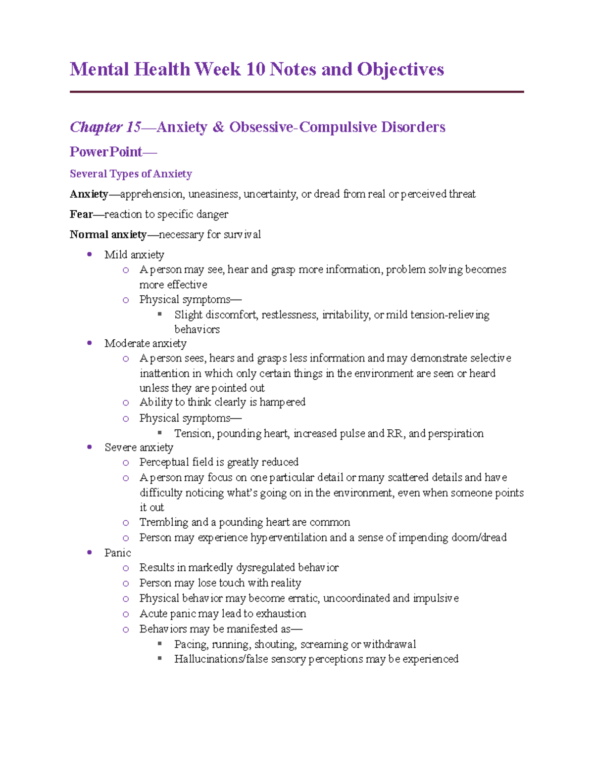 MH Week 10 Notes and Objectives - Mental Health Week 10 Notes and ...