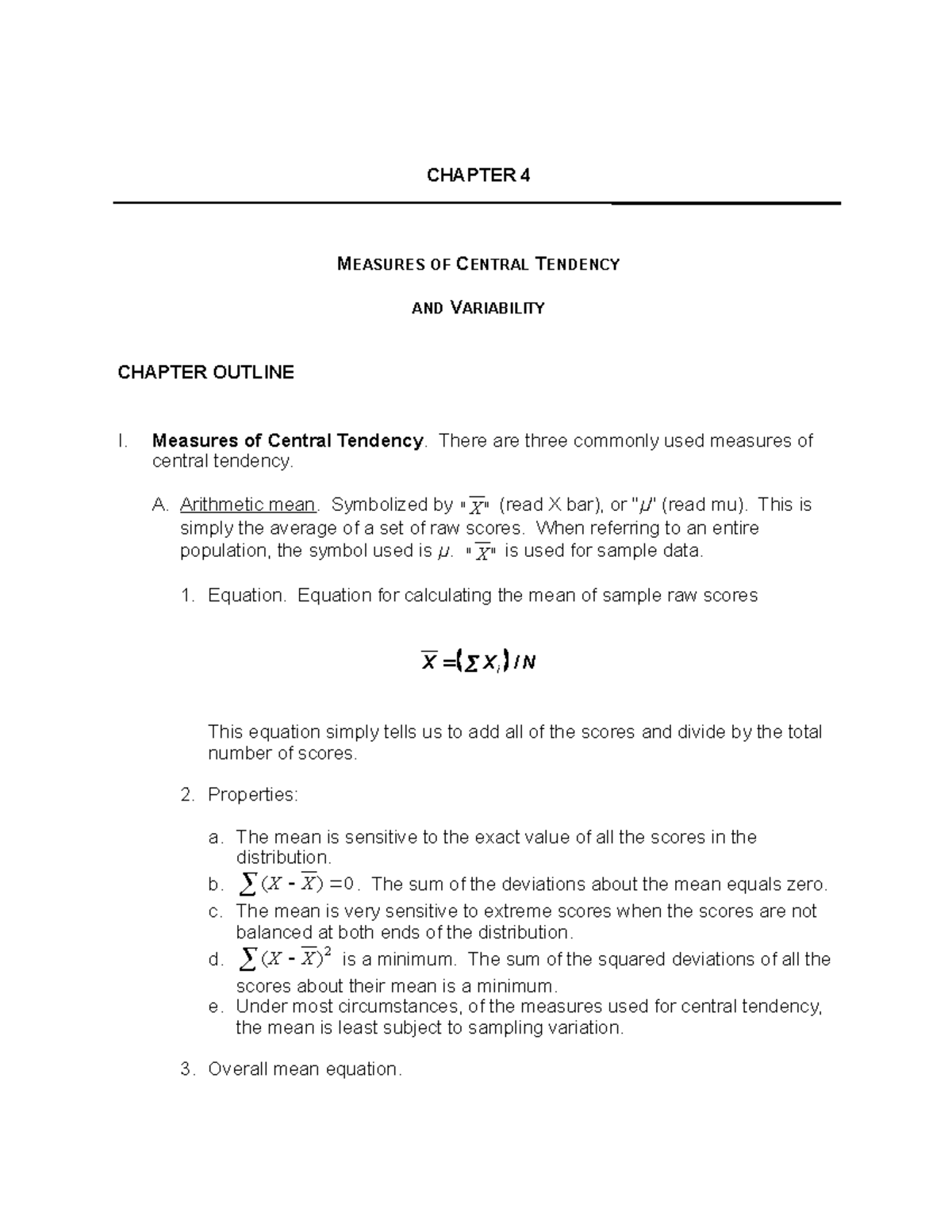 Chapter four outline - Psych Stats - CHAPTER 4 MEASURES OF CENTRAL ...