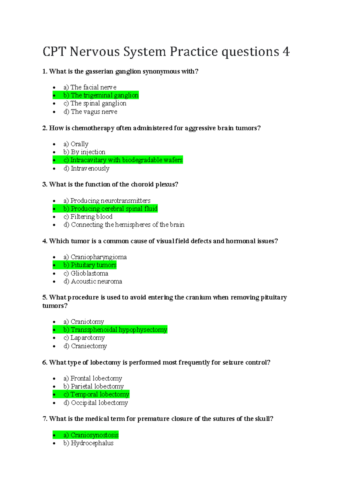 CPT Nervous System Practice questions 4 - What is the gasserian ...