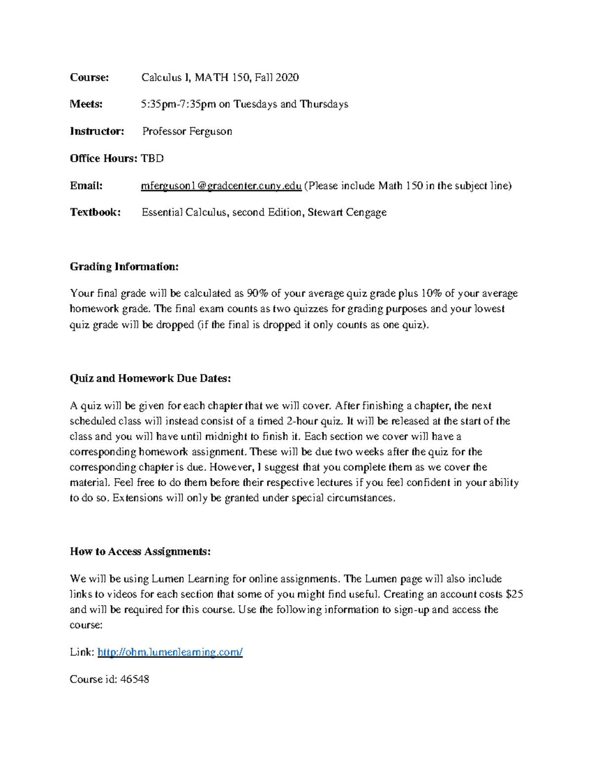 MATH 150 syllabus for fall semester pdf - Course: Calculus I, MATH 150 ...