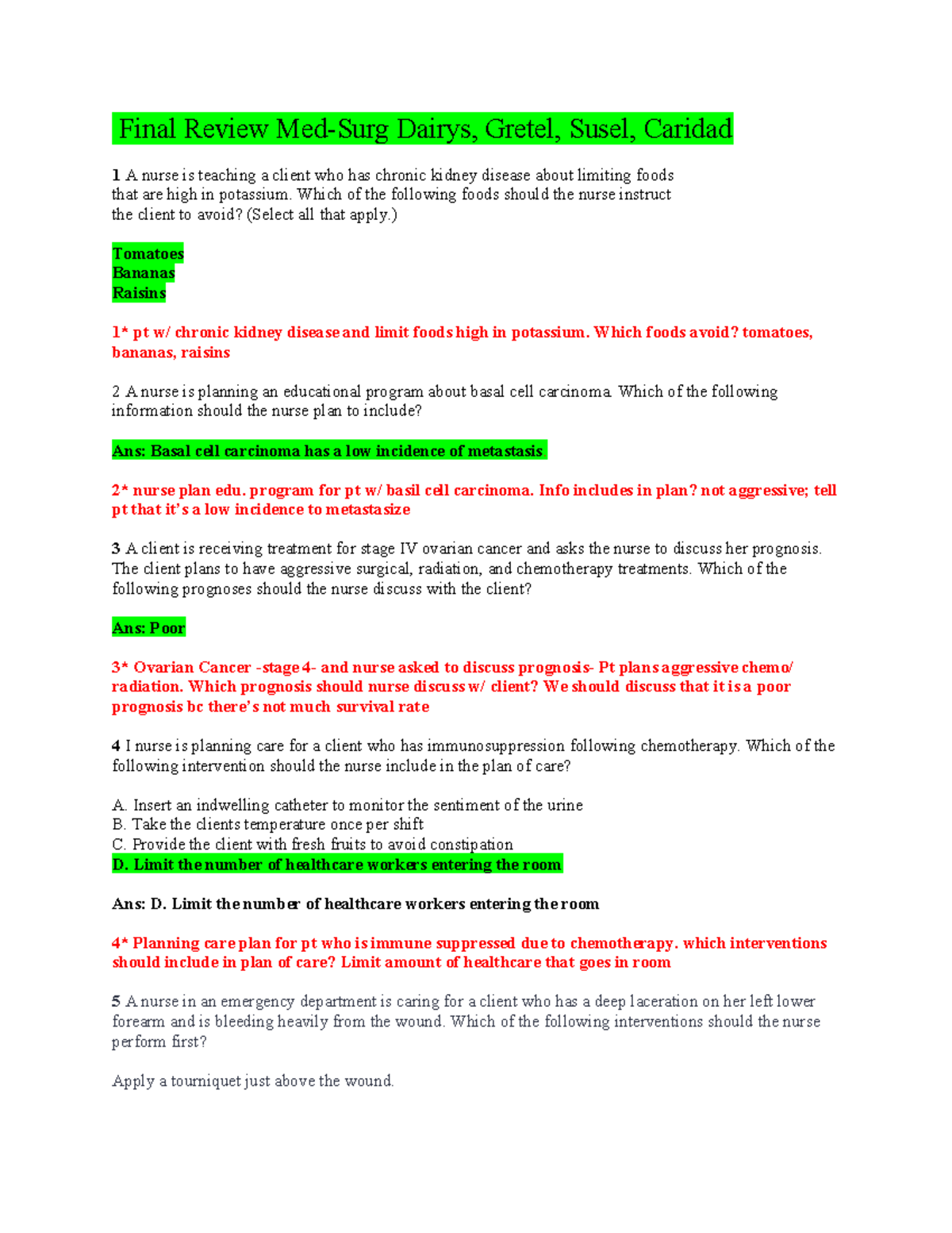 Final MED Surgery - Summary Advanced Medical Surgical - Final Review ...