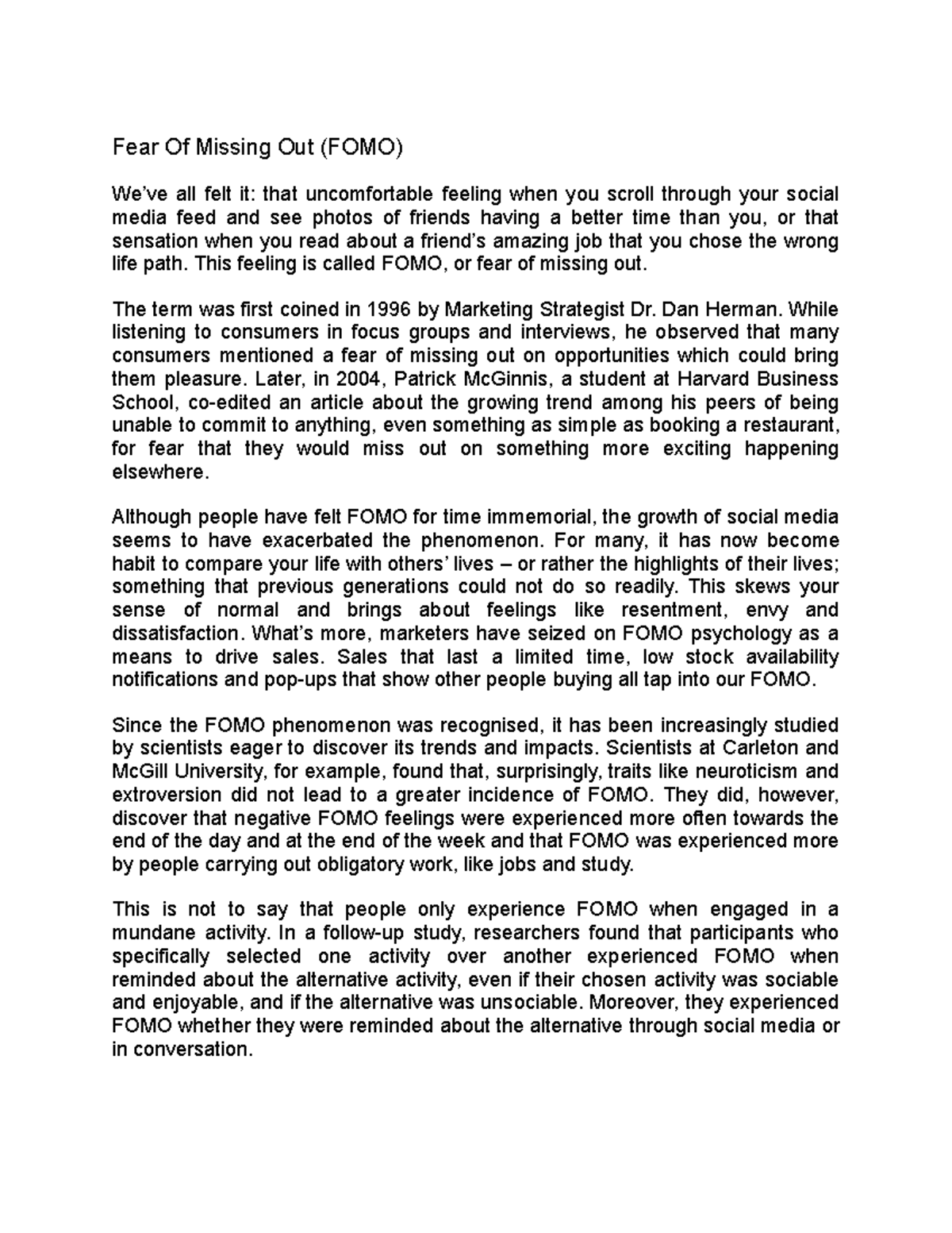 Fear Of Missing Out - FOR ACADEMIC PURPOSES - Fear Of Missing Out (FOMO ...
