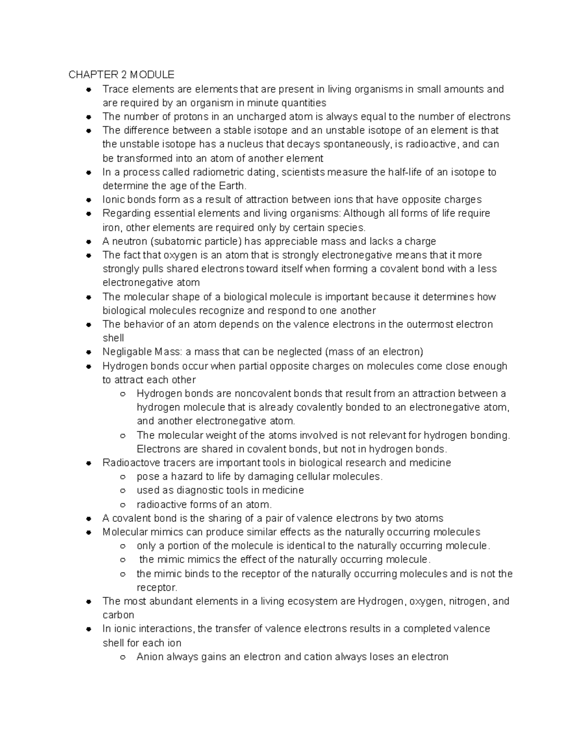 Pearson Biology Notes - CHAPTER 2 MODULE Trace elements are elements ...