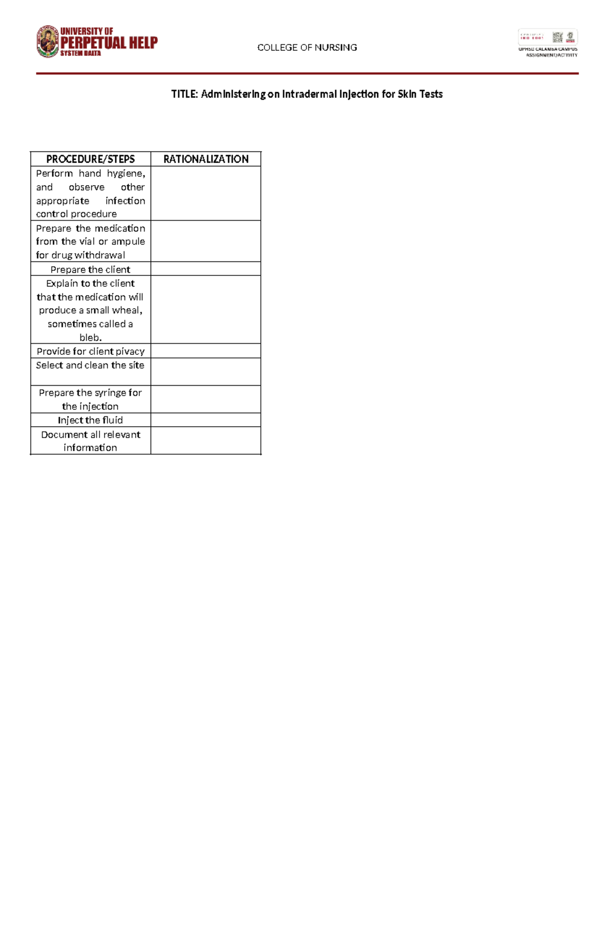 Fundamentals IN Nursing Procedure Rationalization - COLLEGE OF NURSING ...