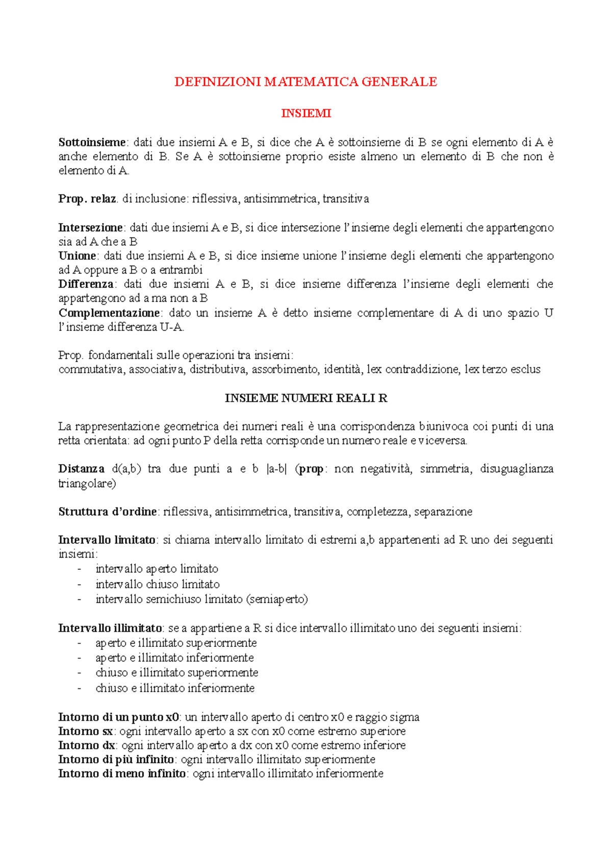 Definizioni Matematica Generale Insiemi E Funzioni - DEFINIZIONI MATEMATICA GENERALE INSIEMI ...