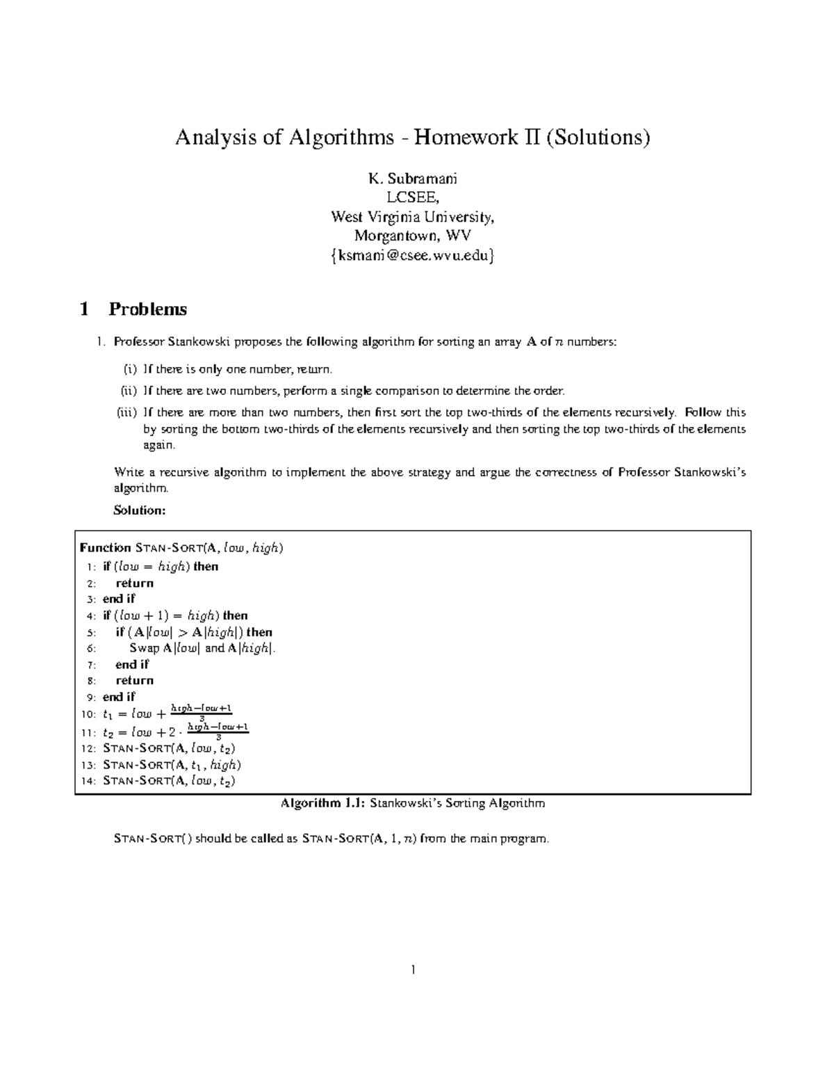 Hw2sol - homework - Analysis of Algorithms - Homework II (Solutions) K. Subramani LCSEE, West ...