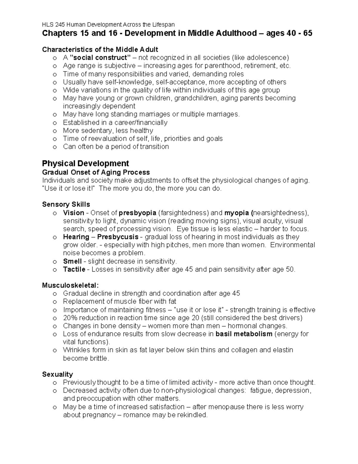 Wk 11 Middle Adulthood - HLS 245 Human Development Across the Lifespan ...