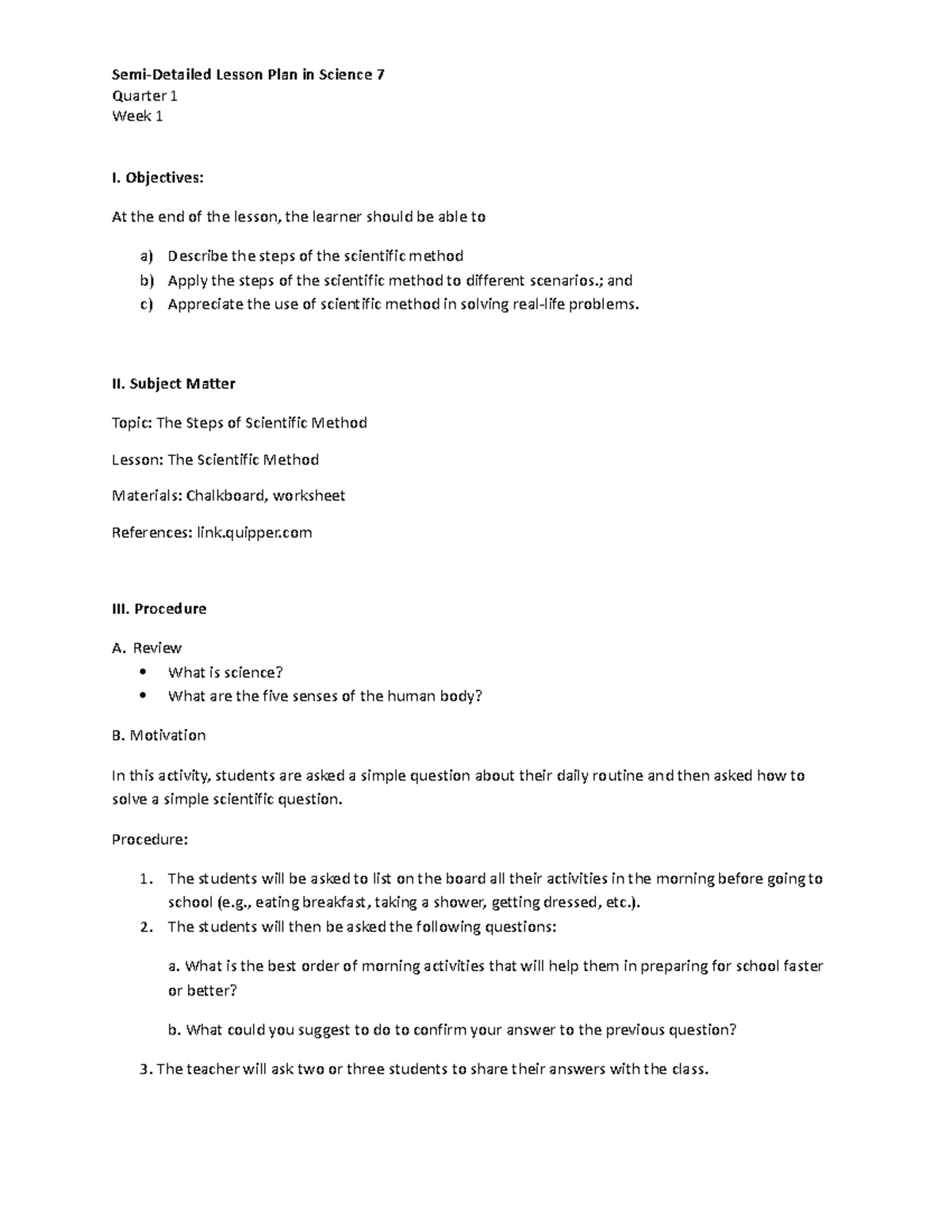 Science q1wk1 - For Lecture - Semi-Detailed Lesson Plan in Science 7 ...