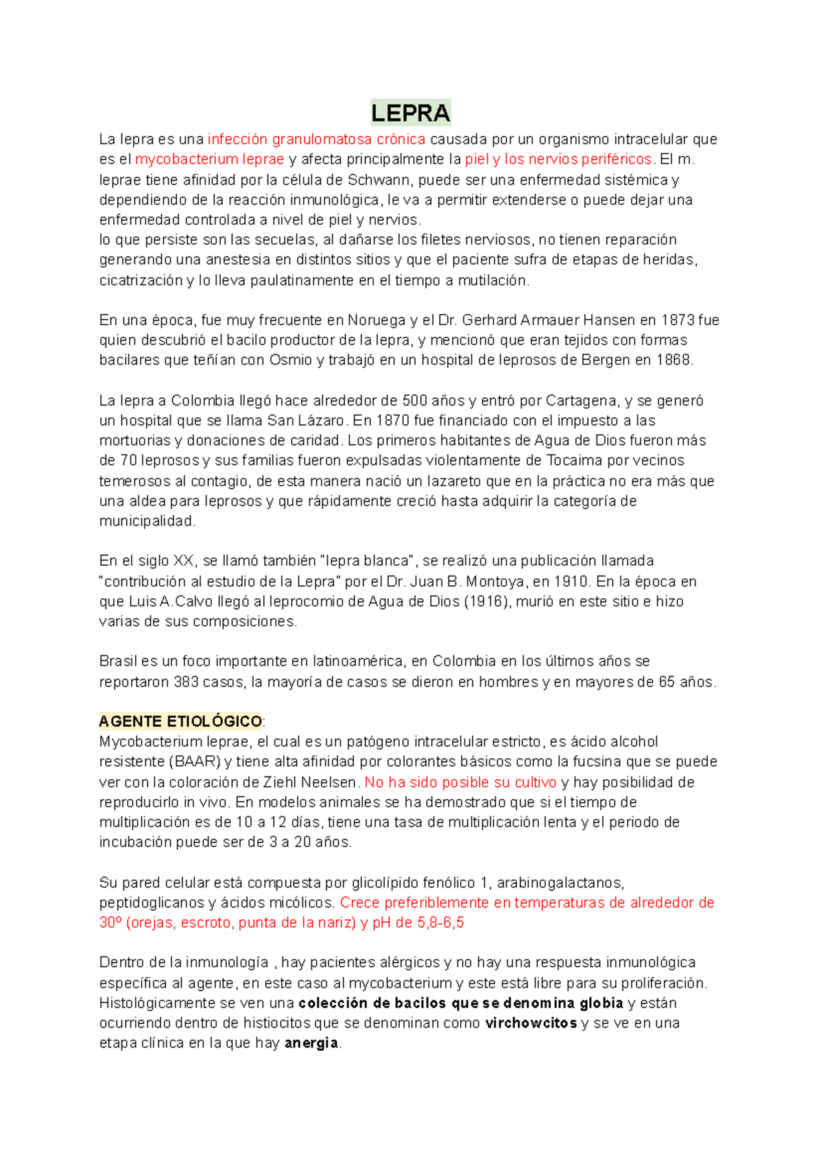 Lepra - apuntes - LEPRA La lepra es una infección granulomatosa crónica ...