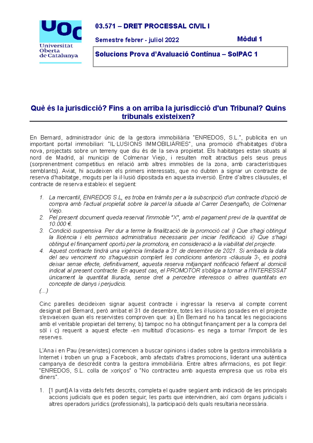 03.571 Solució PAC 1 - derecho procesal I - UOC - Studocu