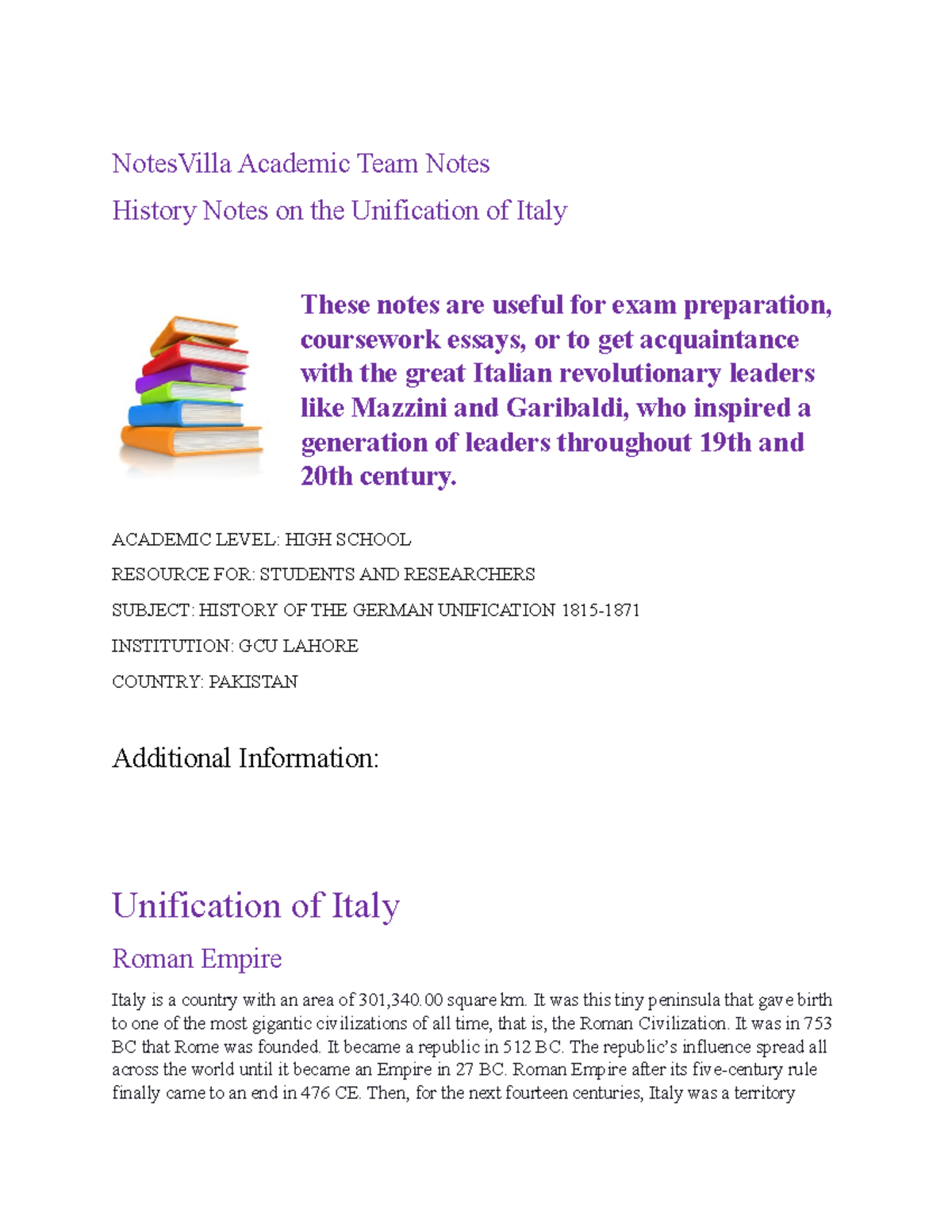 Italian-unification-2 - NotesVilla Academic Team Notes History Notes on ...