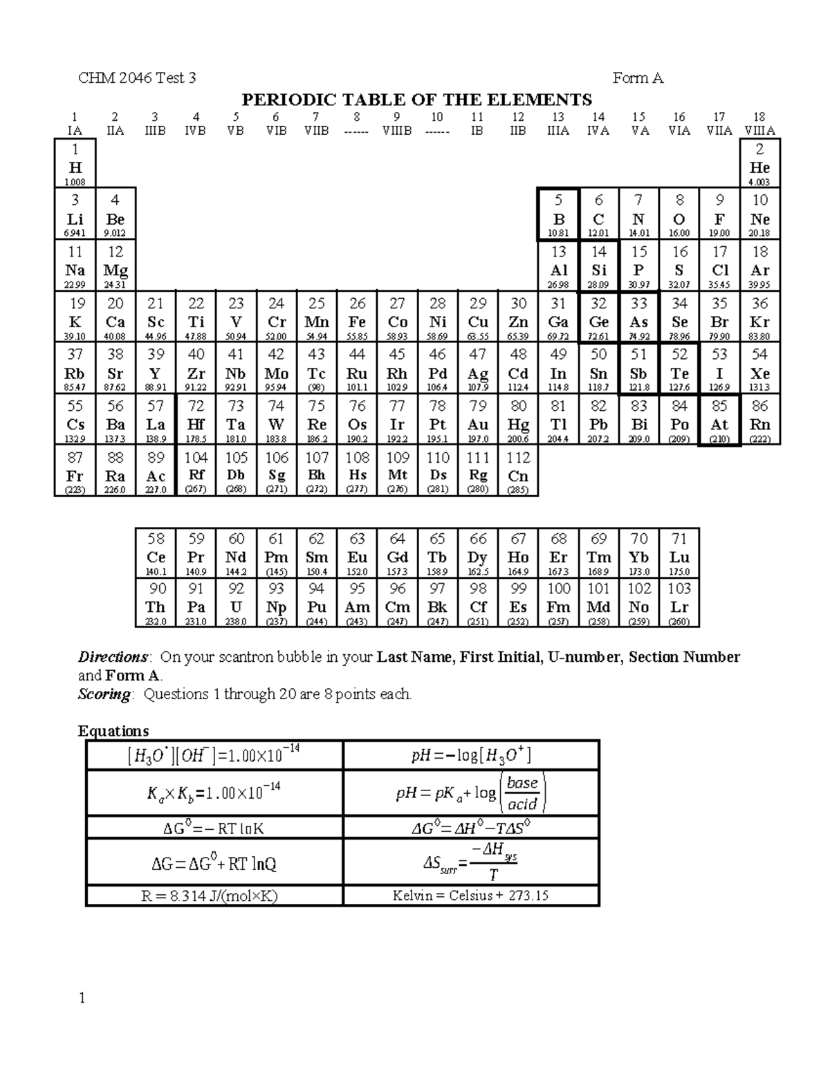 T3 Form A key - Form A key - PERIODIC TABLE OF THE ELEMENTS 1 IA 2 IIA ...