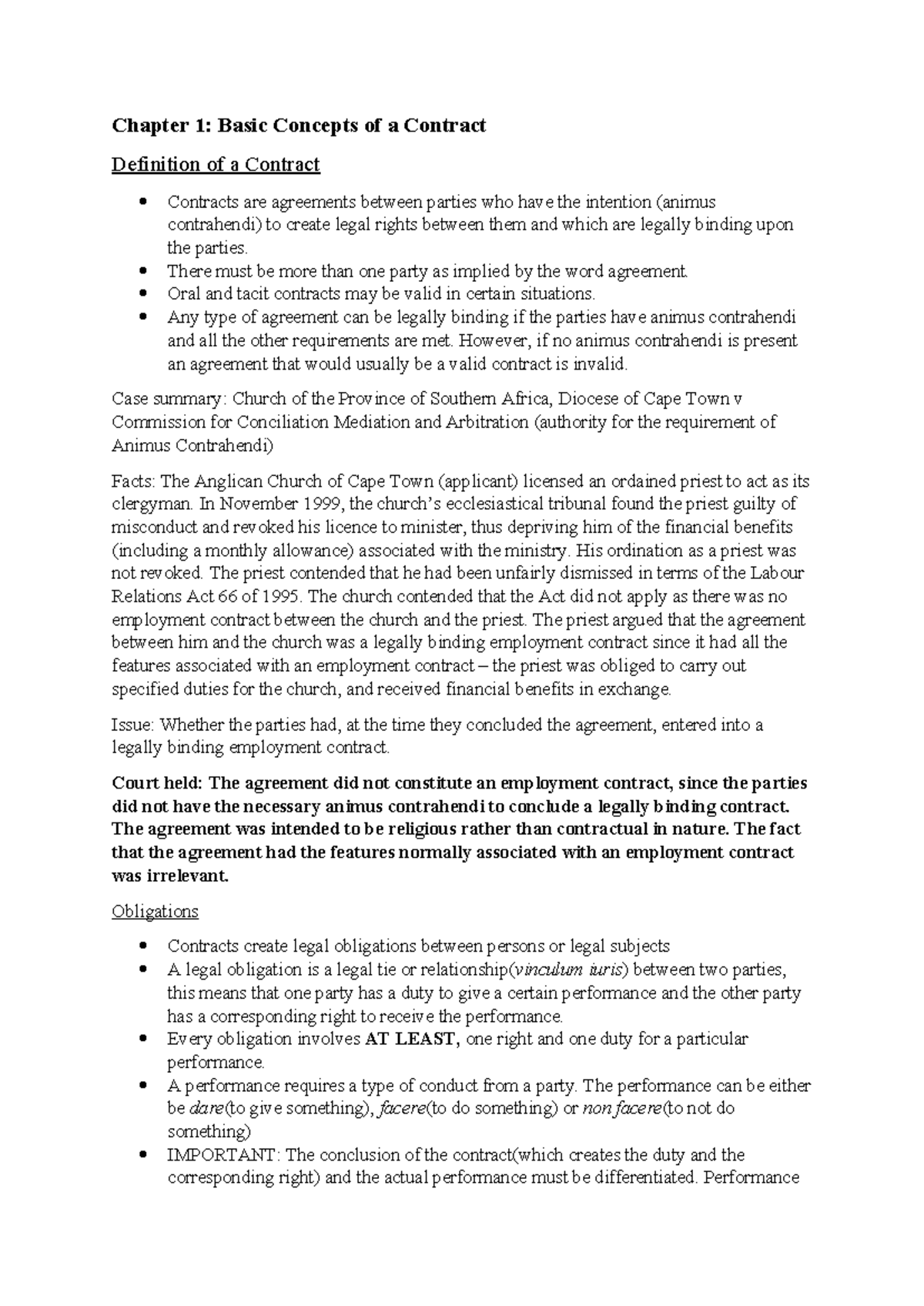 Contract Notes - Chapter 1: Basic Concepts of a Contract Definition of ...