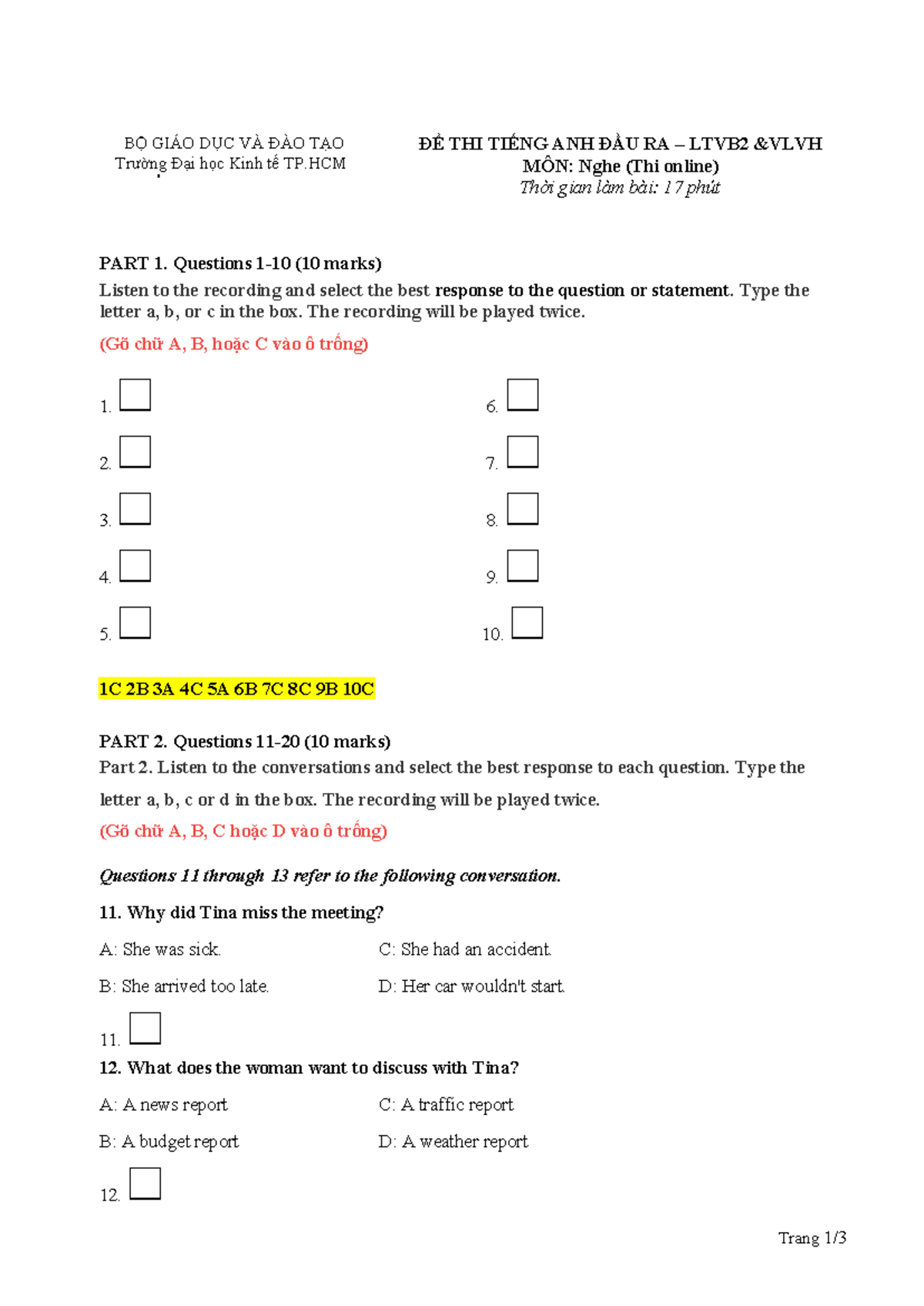Online Sample Test Listening - BỘ GIÁO DỤC VÀ ĐÀO TẠO Trường Đại học ...