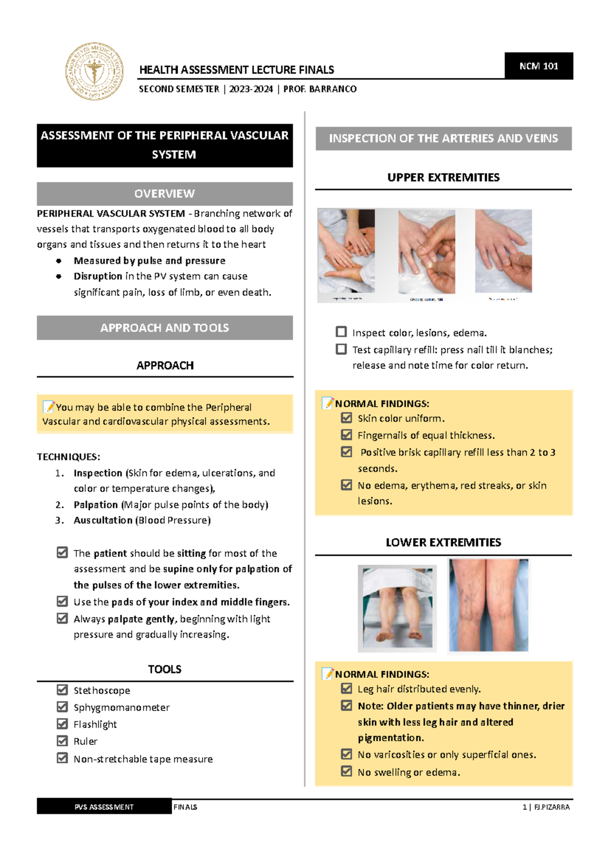 Peripheral Vascular System Assessment - SECOND SEMESTER | 2023-2024 ...
