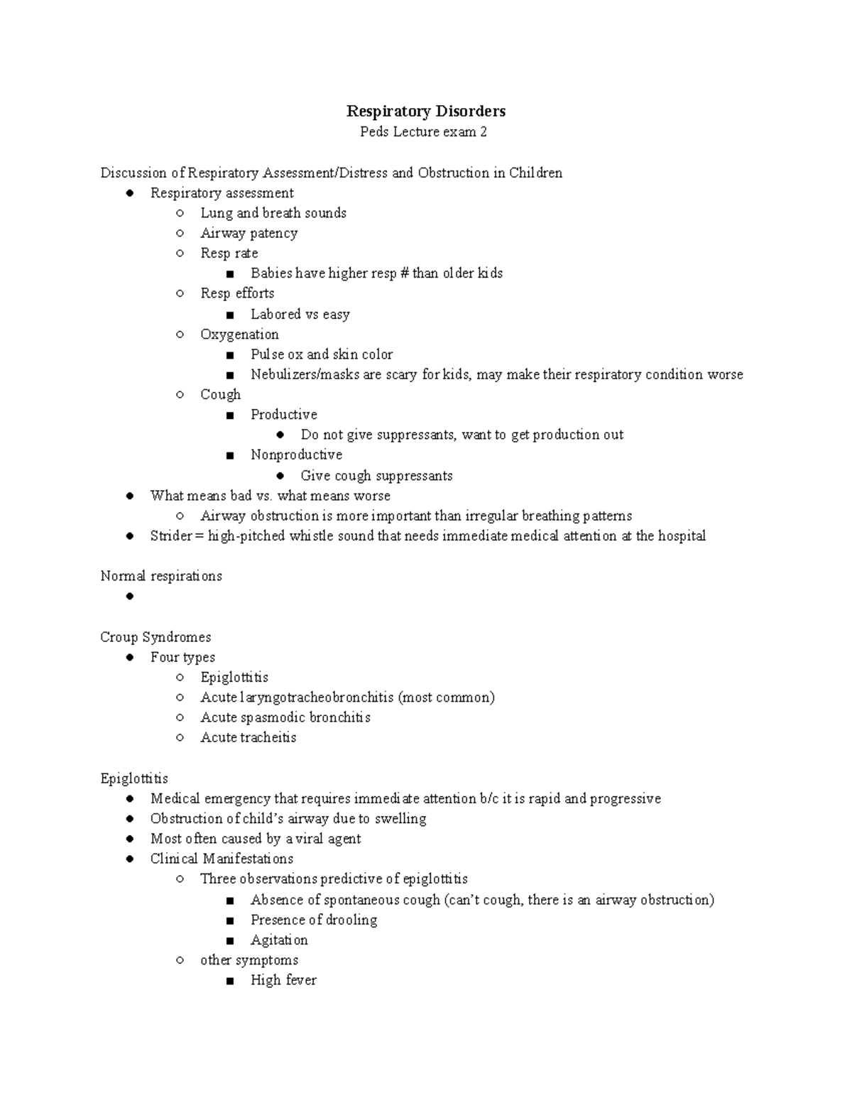Peds lecture exam 2 - Respiratory Disorders - Respiratory Disorders ...
