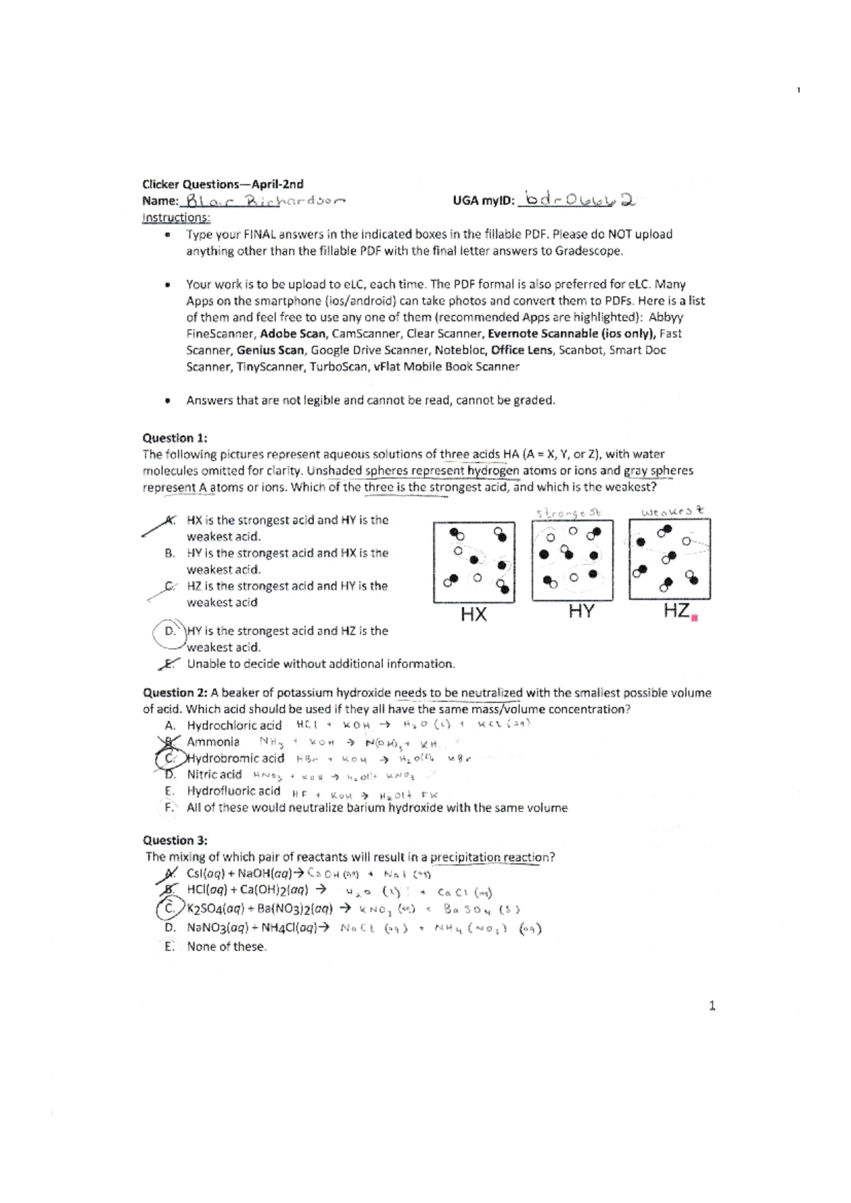 Chemistry Homework - Clicker Name: Blair Richardson UGA myID: 2 ...