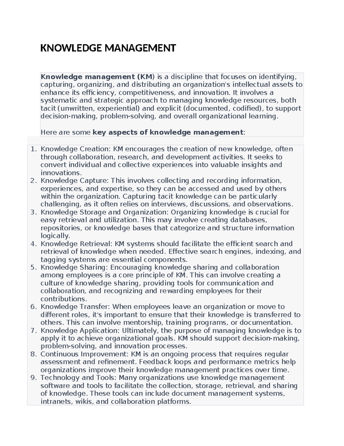 INS 215 Knowledge Management Notes - KNOWLEDGE MANAGEMENT Knowledge ...