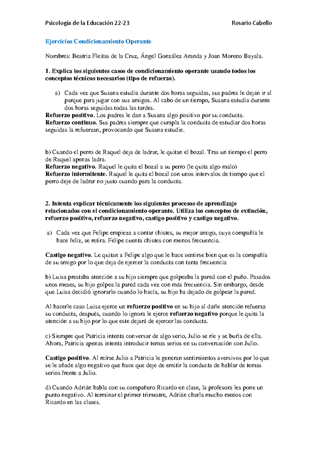Ejercicios Condicionamiento Operante PE - Psicología de la Educación 22 ...
