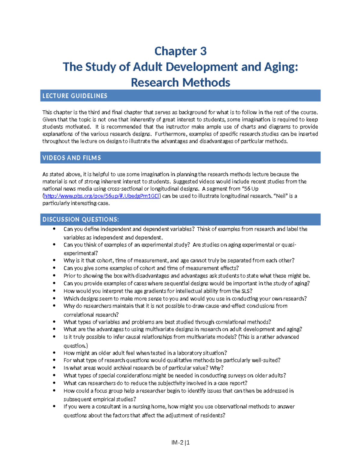 Ch03 imtb - good notes - Chapter 3 The Study of Adult Development and ...